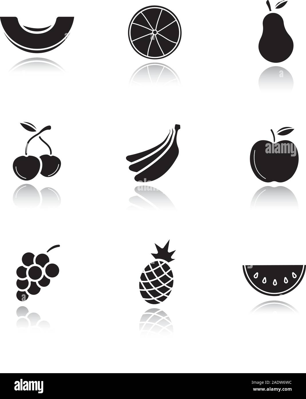Fruit drop shadow black icons set. Melon slice, orange, pear, two ...