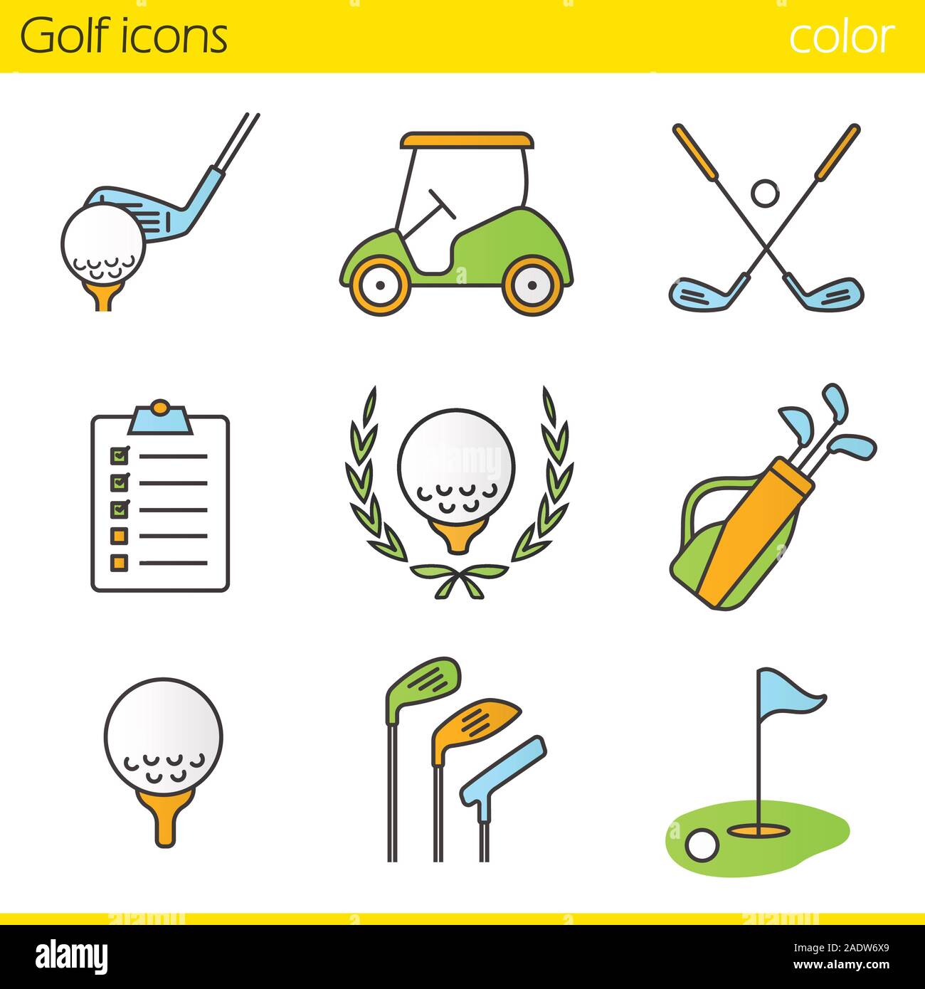 Golf Color Icons Set Ball On Tee Golf Cart Clubs Golfers Checklist
