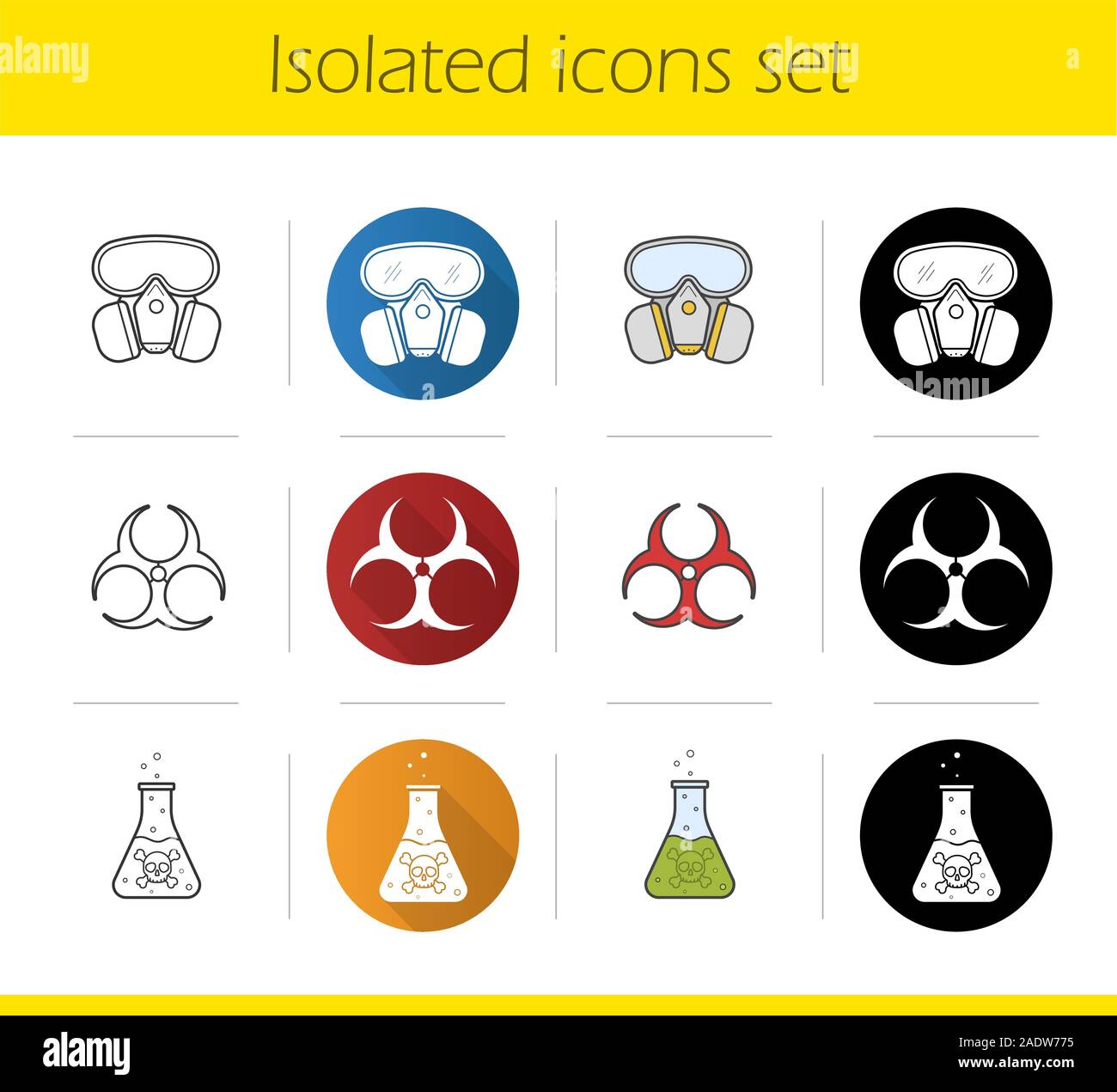 Chemical industry icons set. Flat design, linear, black and color ...