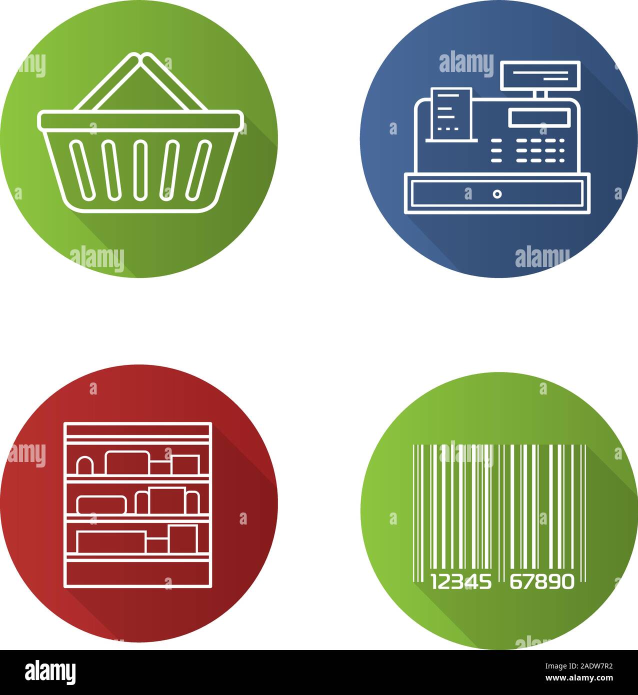 Supermarket flat linear long shadow icons set. Shopping basket, cash ...