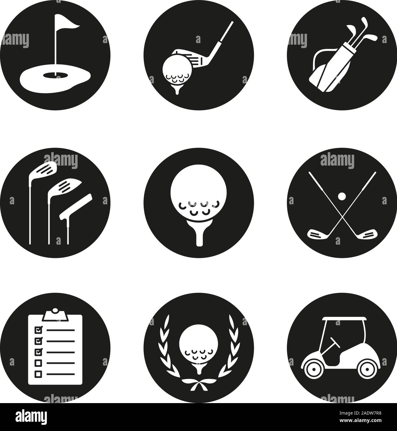 Golf Icons Set Ball On Tee Golf Cart Clubs Golfers Checklist