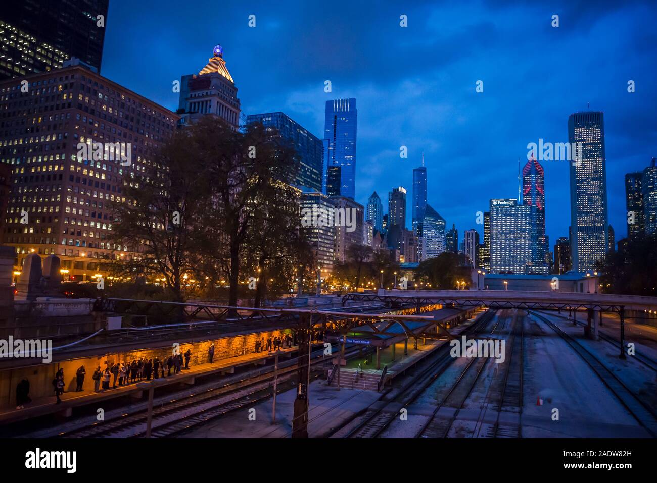 City skyline of illuminated skyscrapers in downtown Chicago Loop area ...