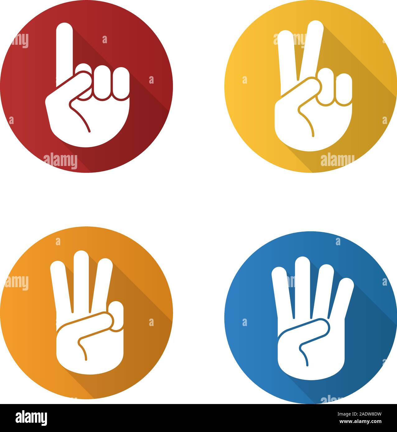 Hand gestures flat design long shadow icons set. One, two, three and ...