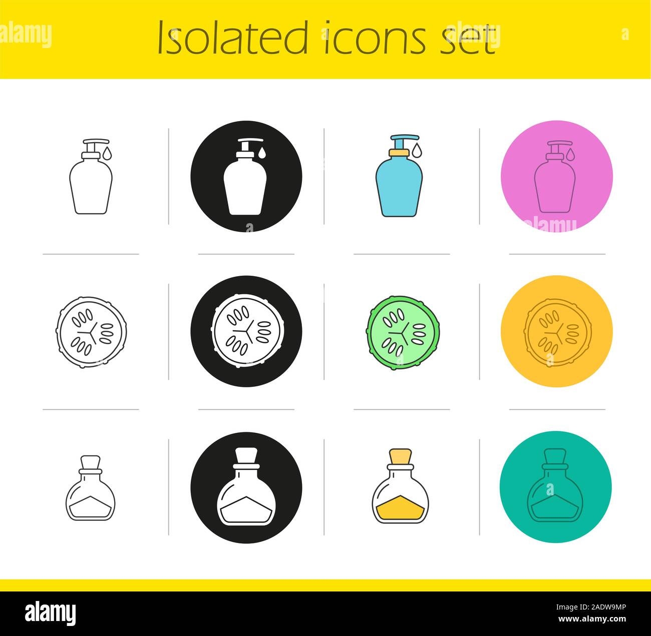 Spa salon icons set. Linear, black and color styles. Cucumber slice ...