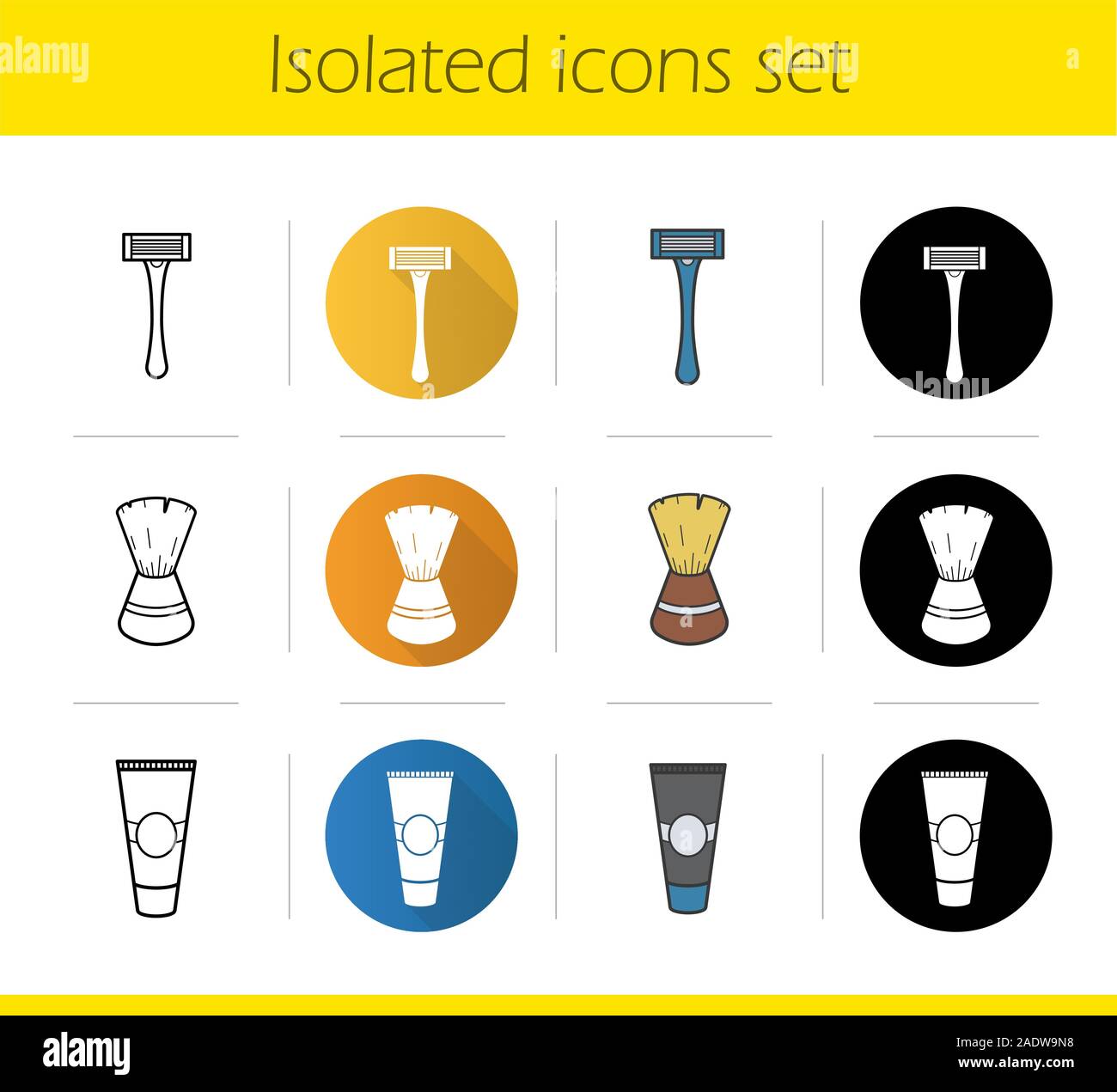 Shaving accessories icons set. Flat design, linear, black and color ...