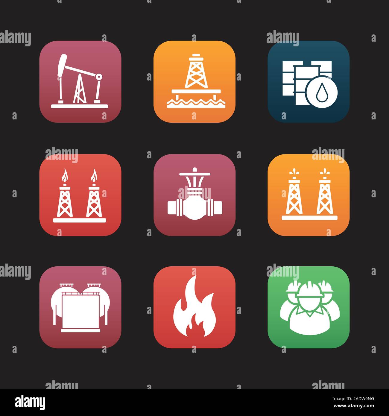 Oil industry flat design icons set. Pumpjack, barrels, pipe valve, gas ...
