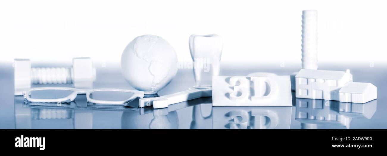 Various filament models from a 3D printer with reflection against a ...