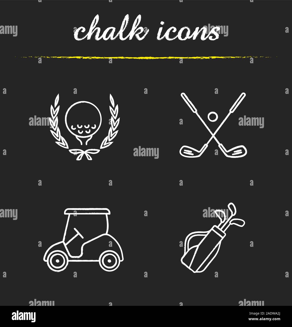 Golf championship chalk icons set. Ball in laurel wreath, crossed clubs ...