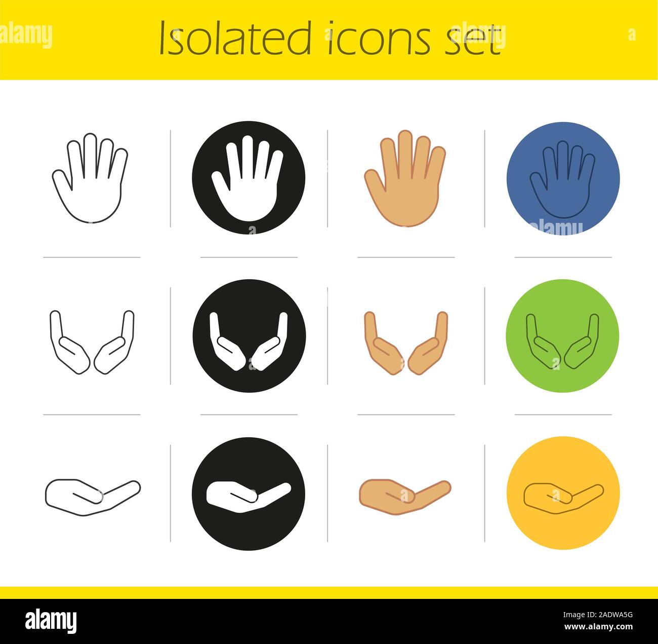 Hand gestures icons set. Linear, black and color styles. Begging and ...