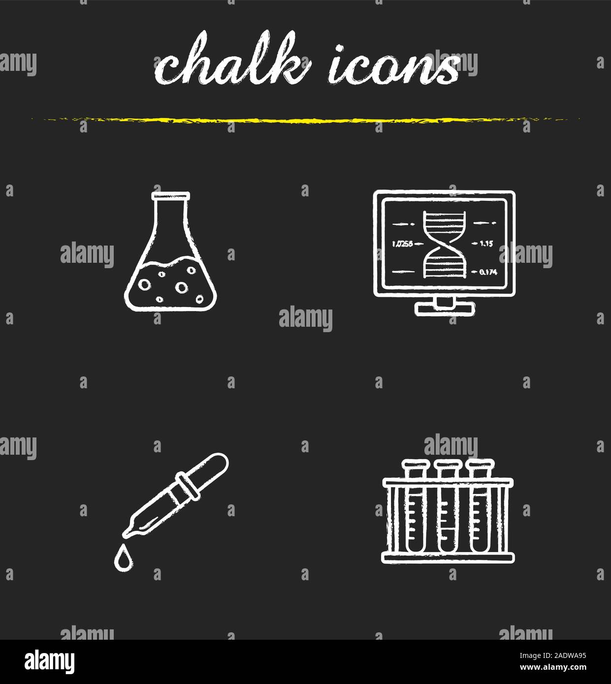 Science laboratory chalk icons set. Dna research, beaker with liquid ...