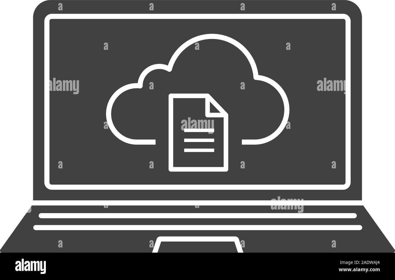 Laptop cloud storage file glyph icon. Silhouette symbol. Cloud computing. Negative space. Vector ...
