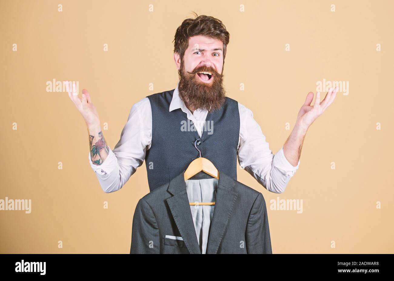 Getting excited about fashion. Emotional look of bearded fashion model ...