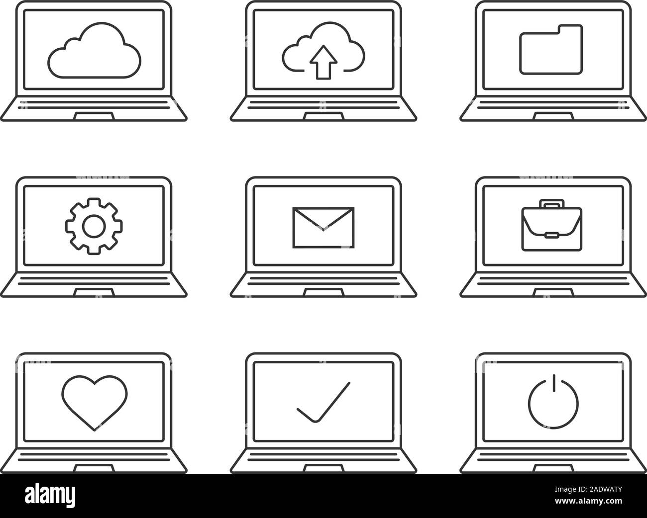 Laptops linear icons set. Laptops with folder, settings, cloud ...