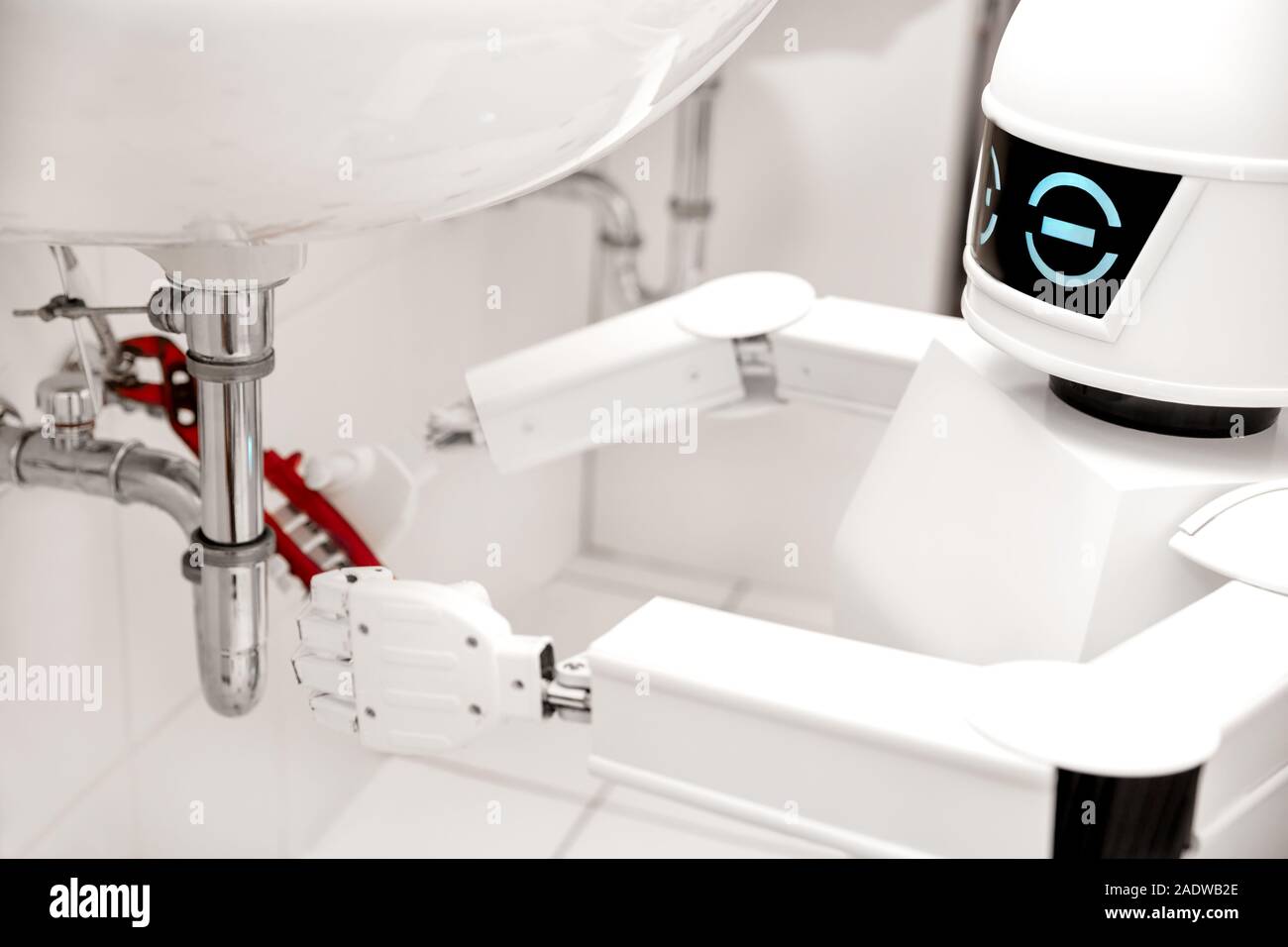 Autonomous service robot is fixing something in the bathroom, with an ...