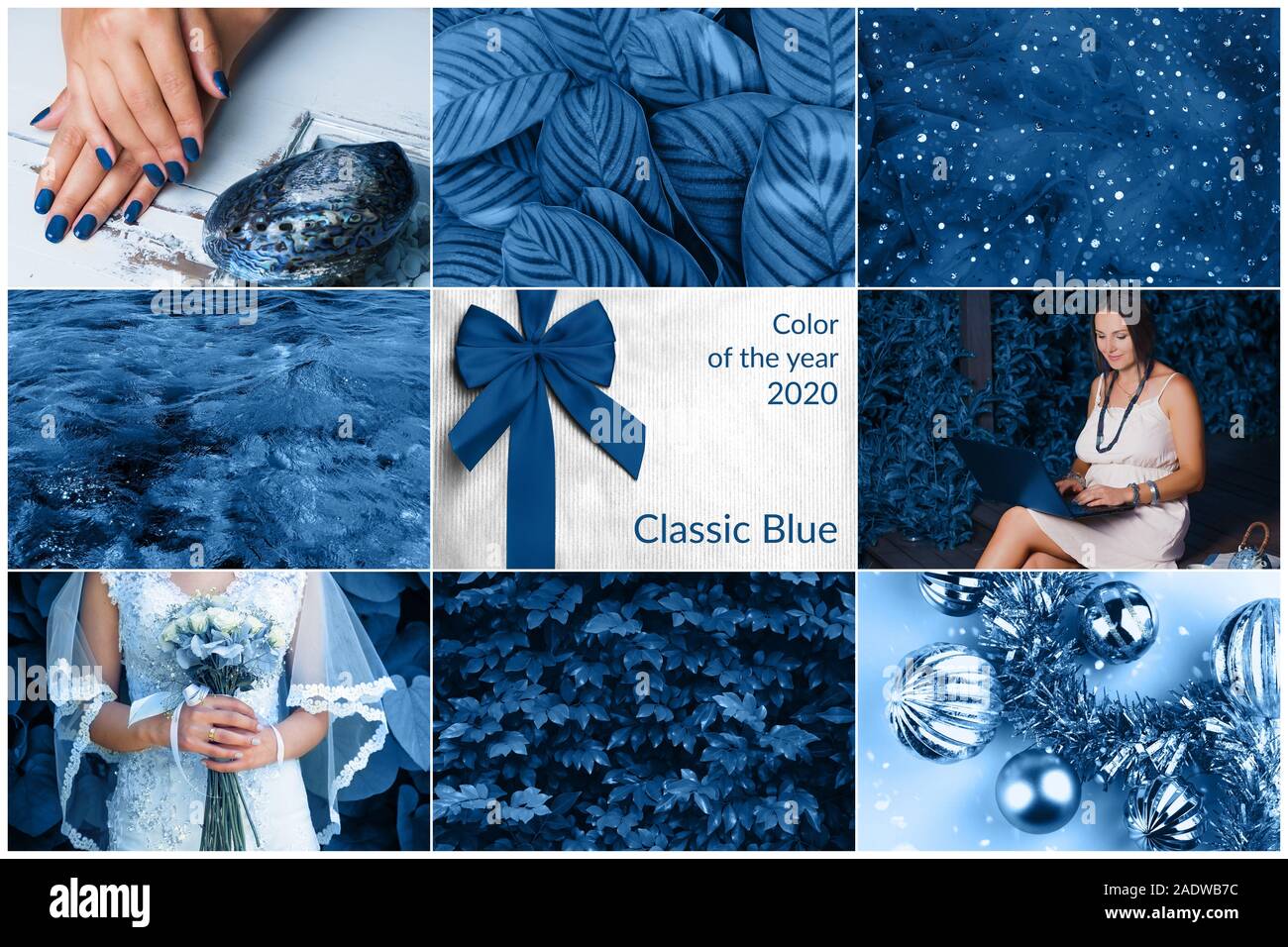 Creative collage in blue color. Different photos in one composition ...