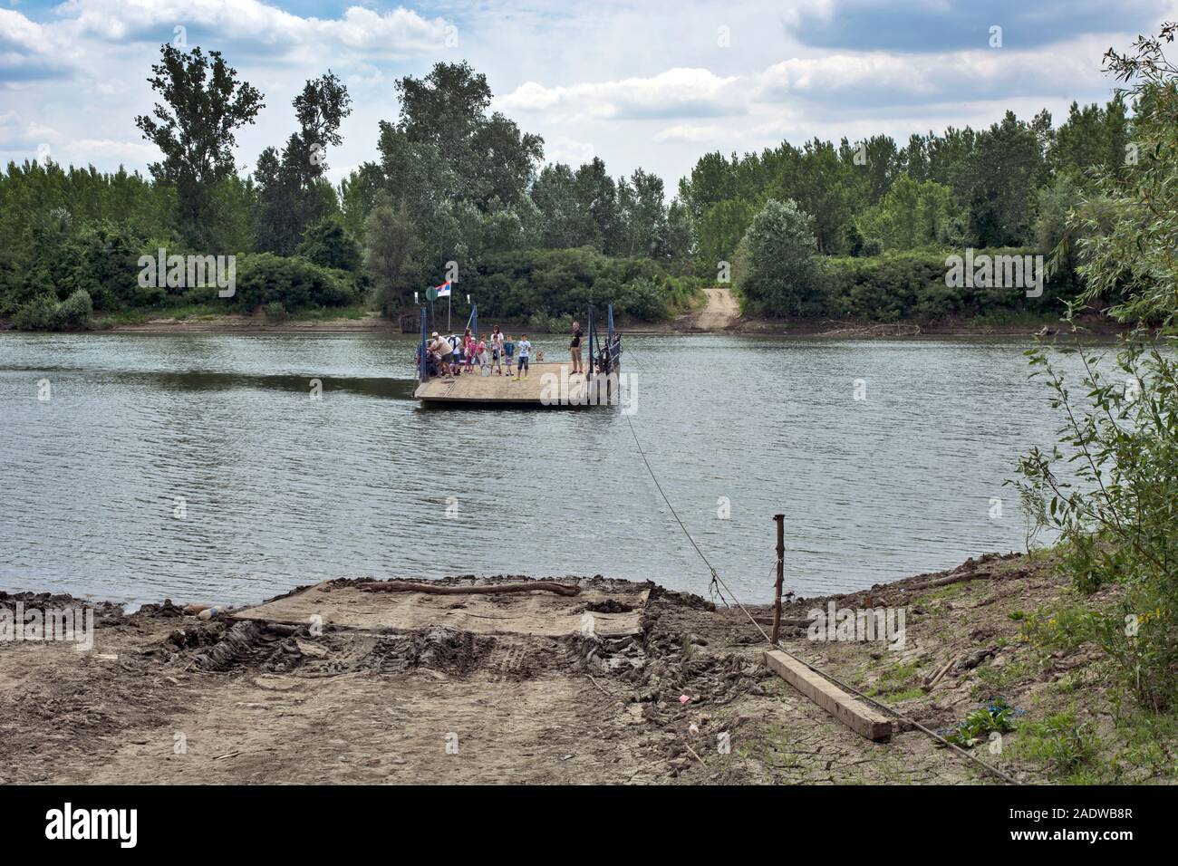 Taras, Tisa River, Serbia, Jun 10, 2017. An old traditional ferryboat ...