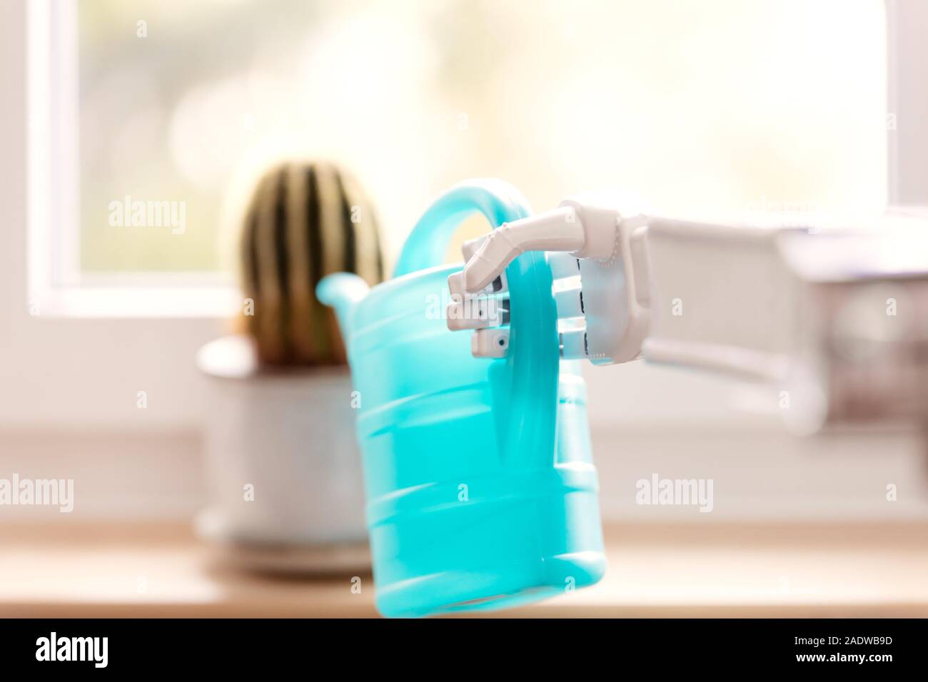 a robotic prosthesis arm with watering can is watering a cactus in ...