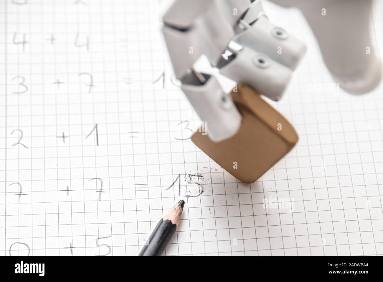 the cyborg hand of an autonomous roboter is using a rubber to solve a ...