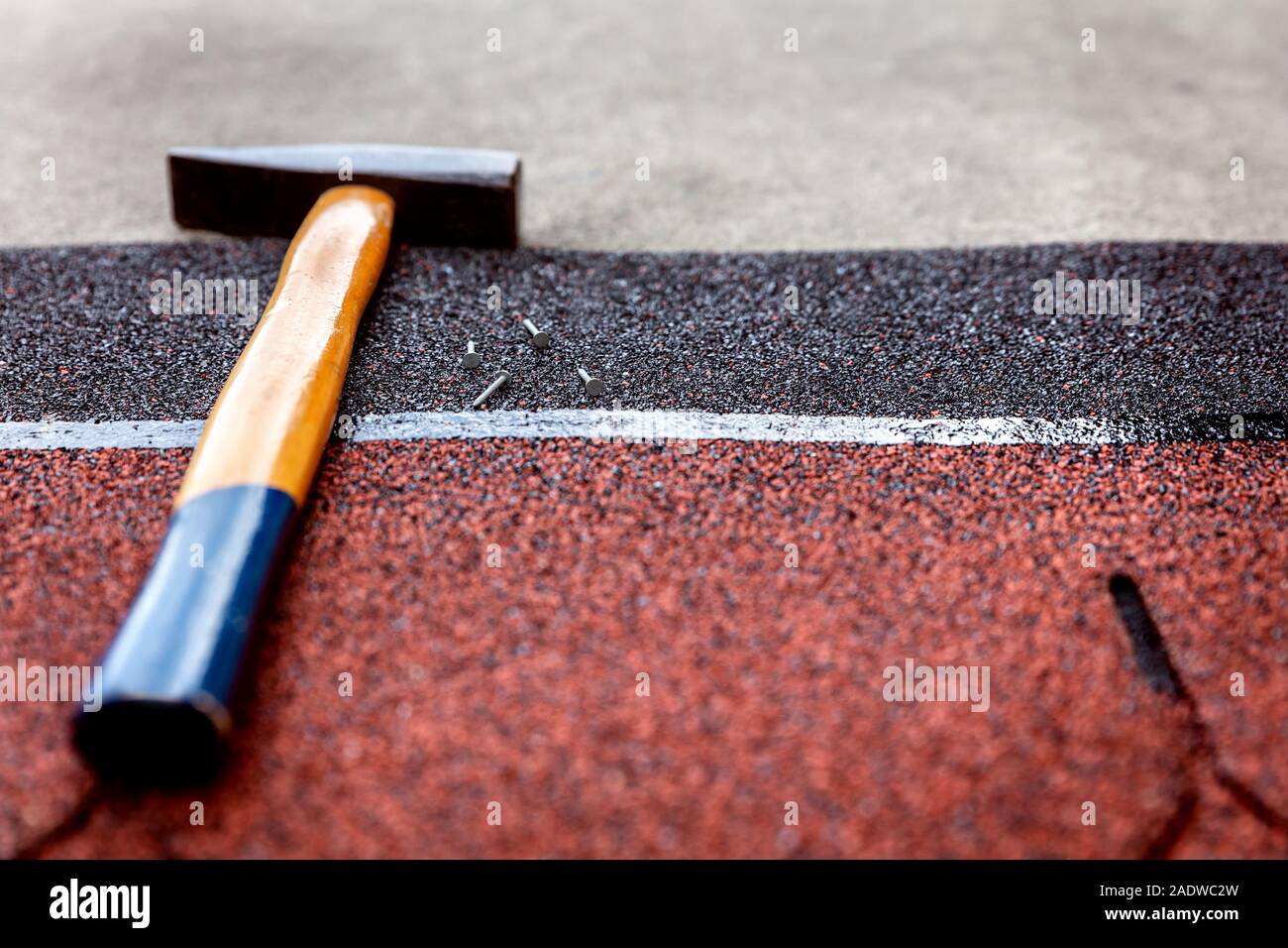 Bitumen roof shingles with hammer and roof cardboard pins Stock Photo ...