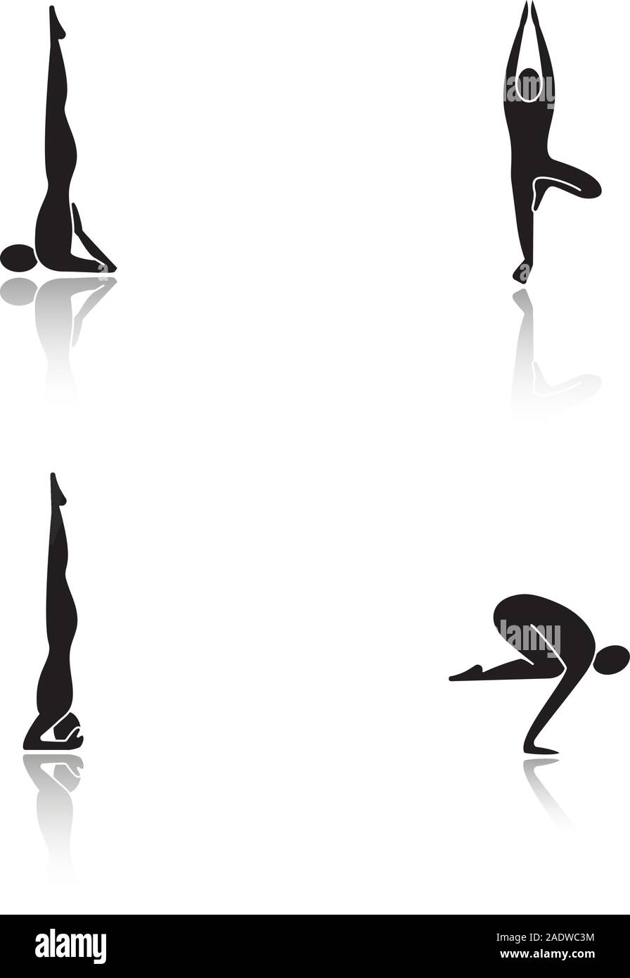 Yoga poses drop shadow black icons set. Sarvangasana, vrikshasana ...