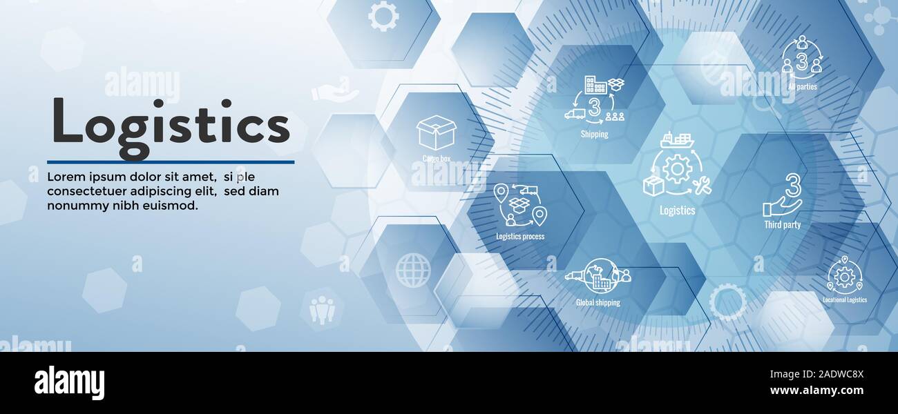 Logistics icon set and web header banner w buildings, trucking, people ...