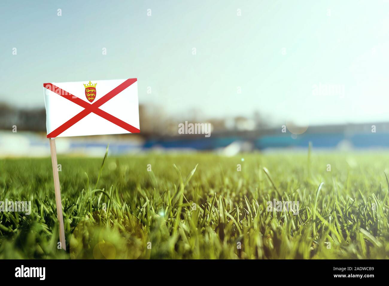 Miniature stick Jersey flag on green grass, close up sunny field ...