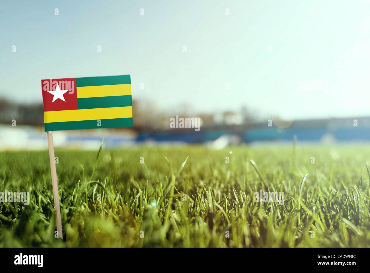 Miniature stick Togo flag on green grass, close up sunny field. Stadium ...
