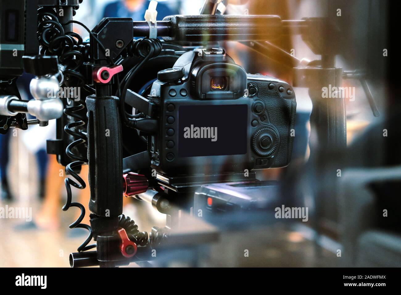 Film industry. Filming with professional camera background Stock Photo ...