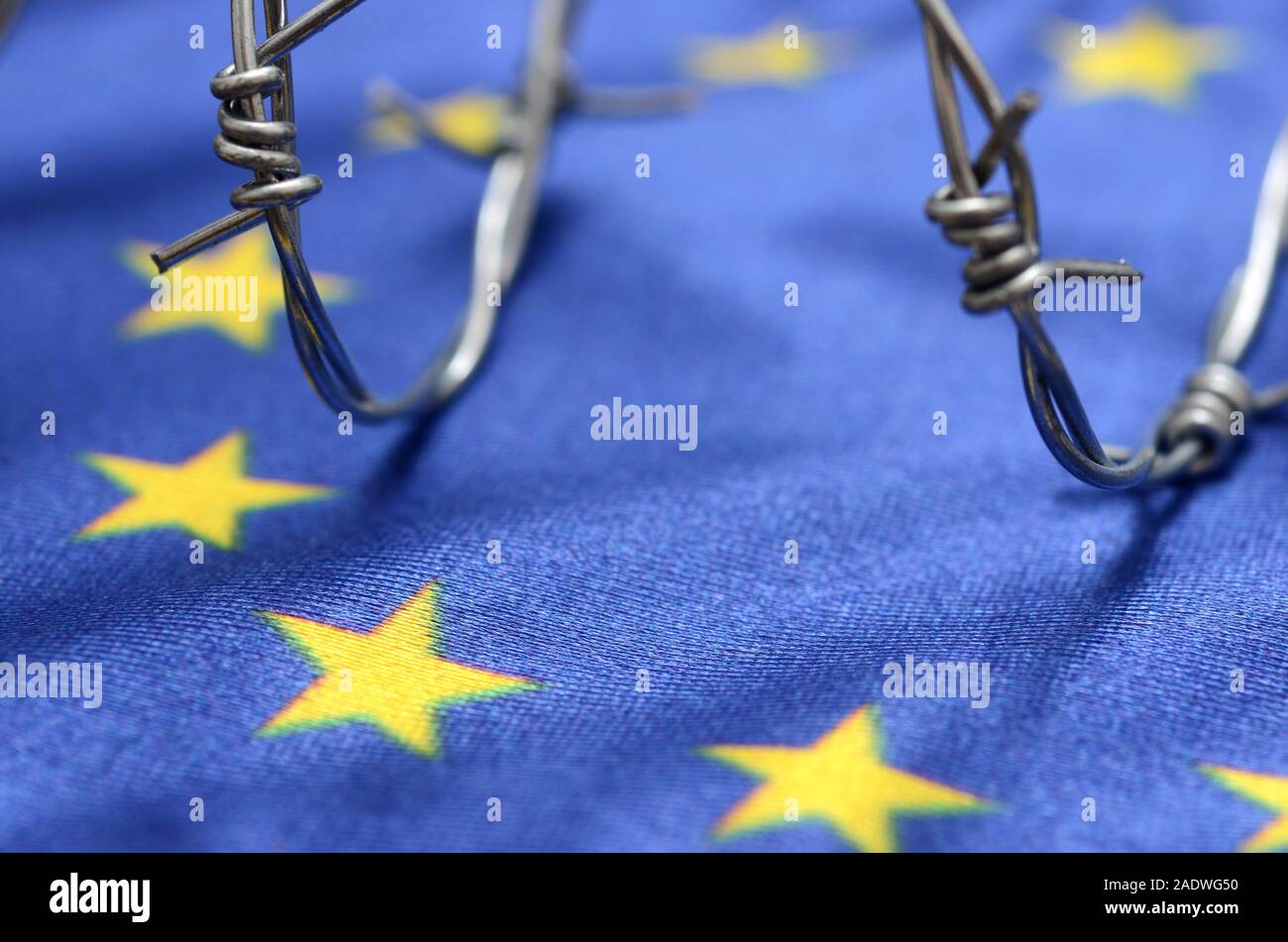European Union flag and barbed wire, migration to European Union ...