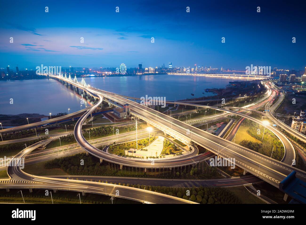 shanghai interchange overpass and elevated road in nightfall Stock ...
