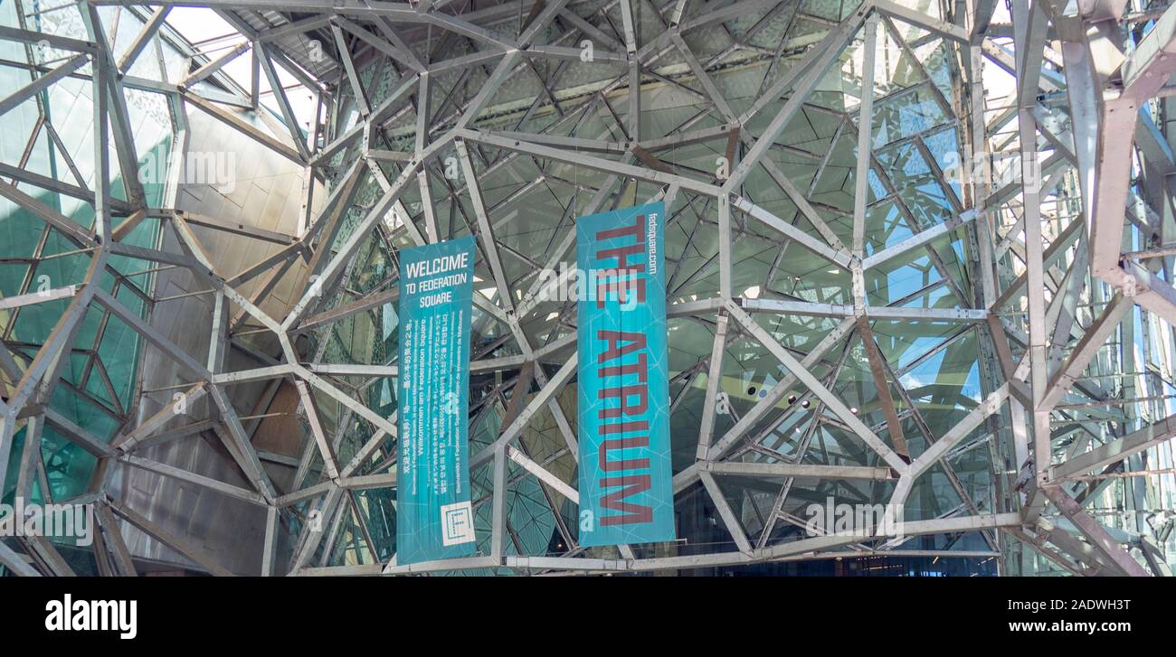 Steel latticework in the atrium of Federation Square Melbourne Victoria ...