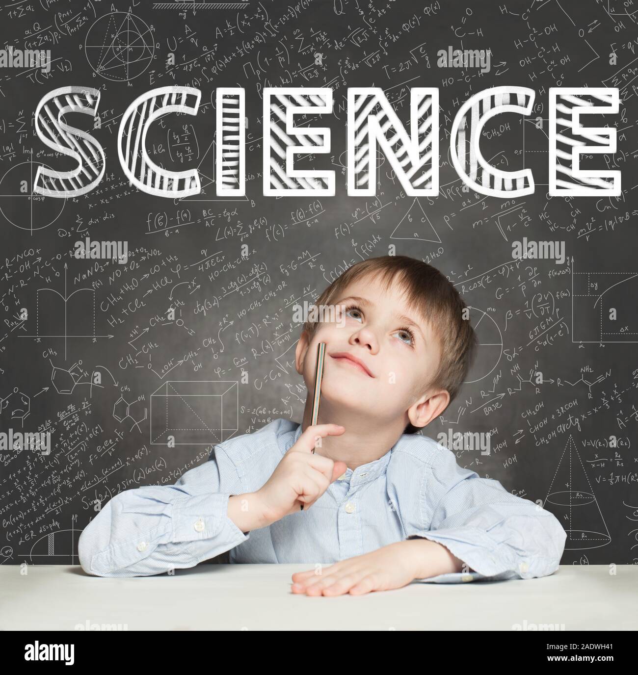 Student little boy and science background. Kid is thinking about ...