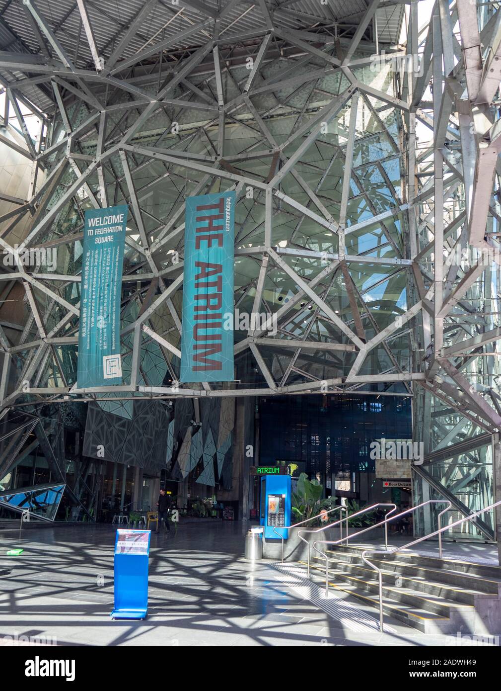 Steel latticework in the atrium of Federation Square Melbourne Victoria ...