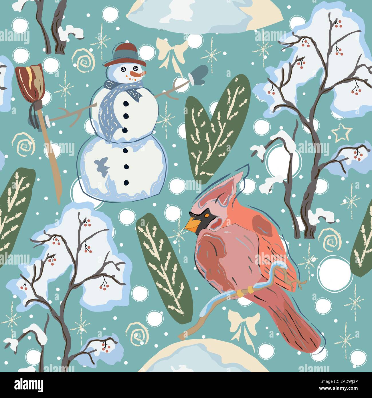 Seamless Cute Pattern with colorful Cardinal and Snowman. Scandinavian ...