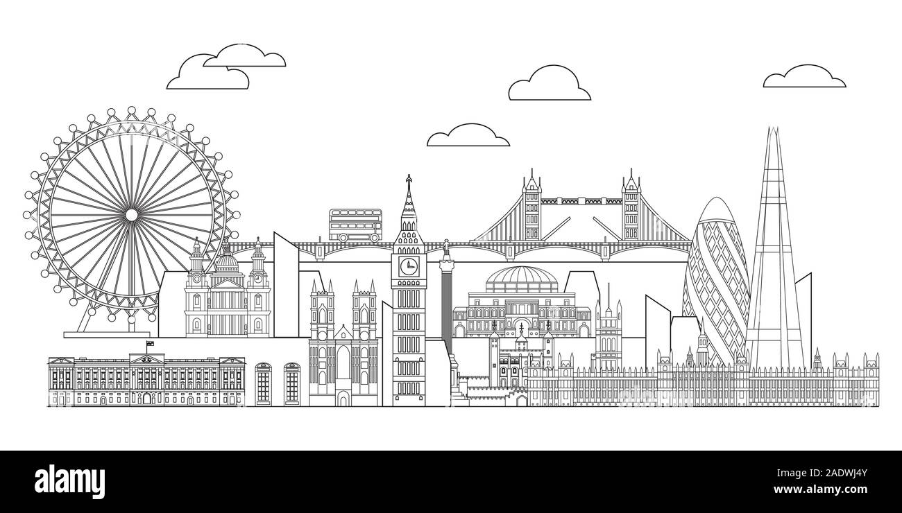 Panoramic vector line art illustration of landmarks of London, England ...