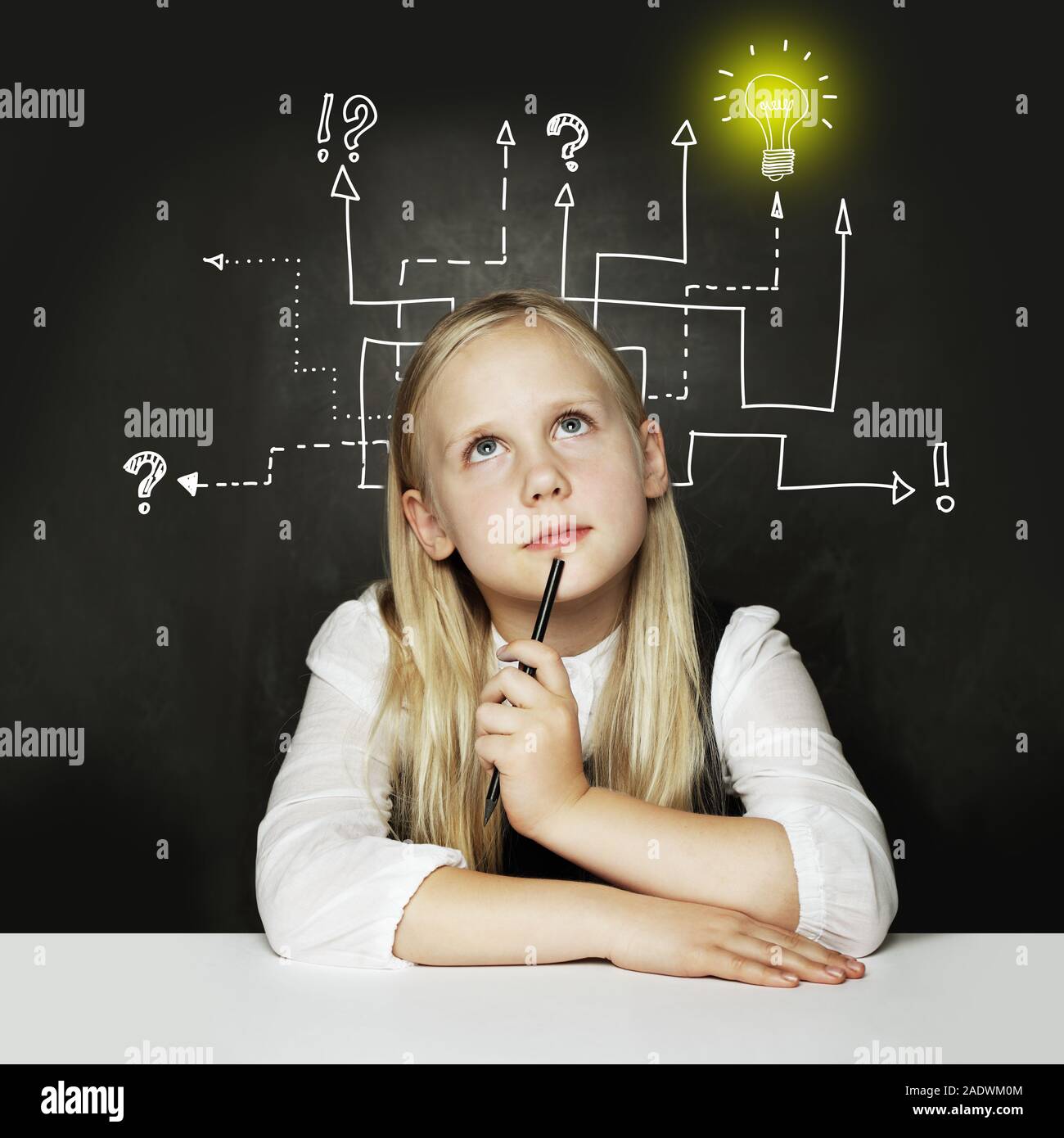 Thinking child girl with question signs and light idea bulb, education ...