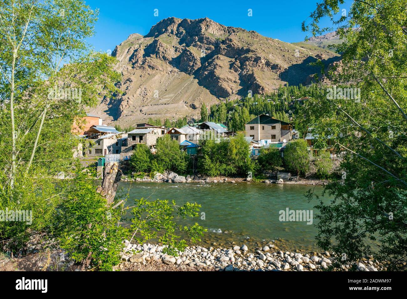 Khorugh Gunt River Picturesque View with Common Residential Houses on a ...