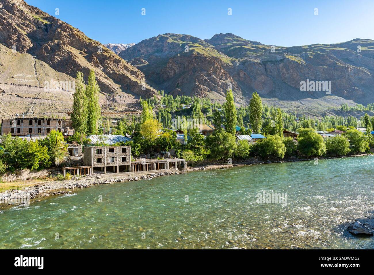 Khorugh Gunt River Picturesque View with Common Residential Houses on a ...