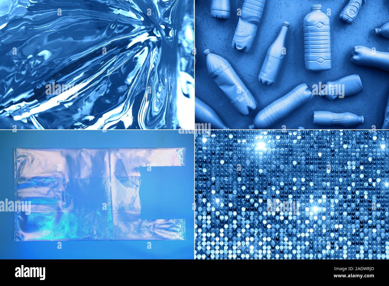 Creative collage with plastic in blue color, ispired by color of the ...