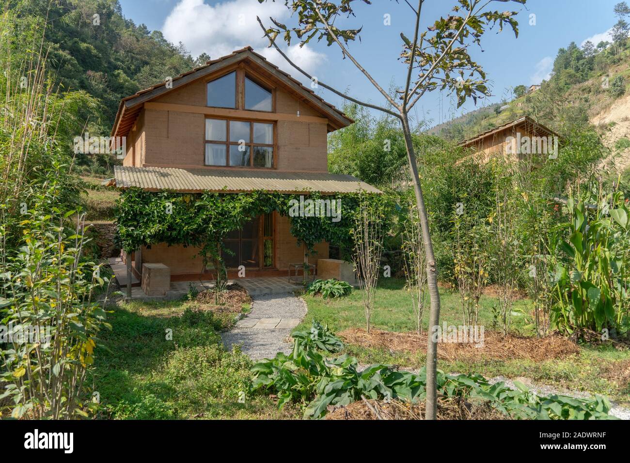 Rammed Earth Cottages on Rural Nepal Farm with Blue Skies Stock Photo ...