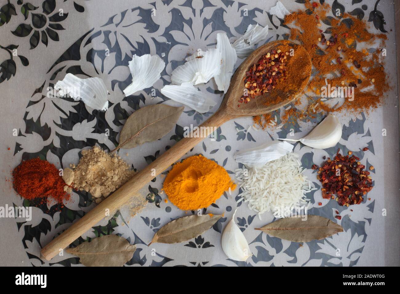 Spice tables - top view, flat lay of a variety of spices including ...