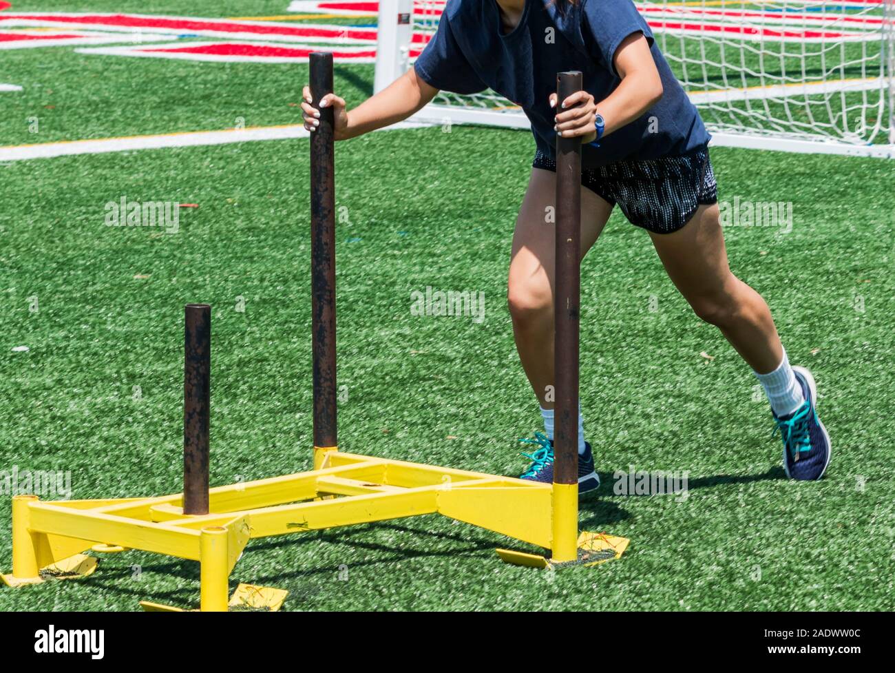 A high school female pushing a sled with no weights on a green turf ...