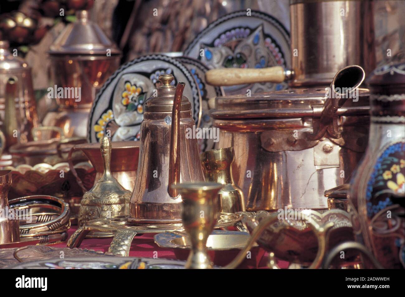 italy, abruzzo, l'aquila, market in duomo square, copper handcraft ...