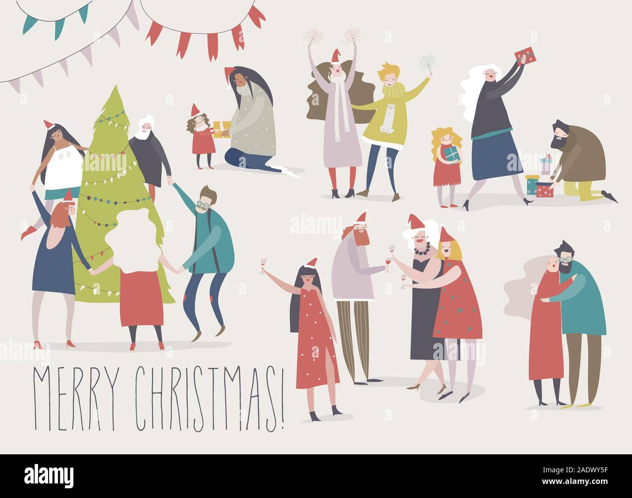 Happy cartoon people celebrate Christmas. Joyful emotions Stock Vector ...