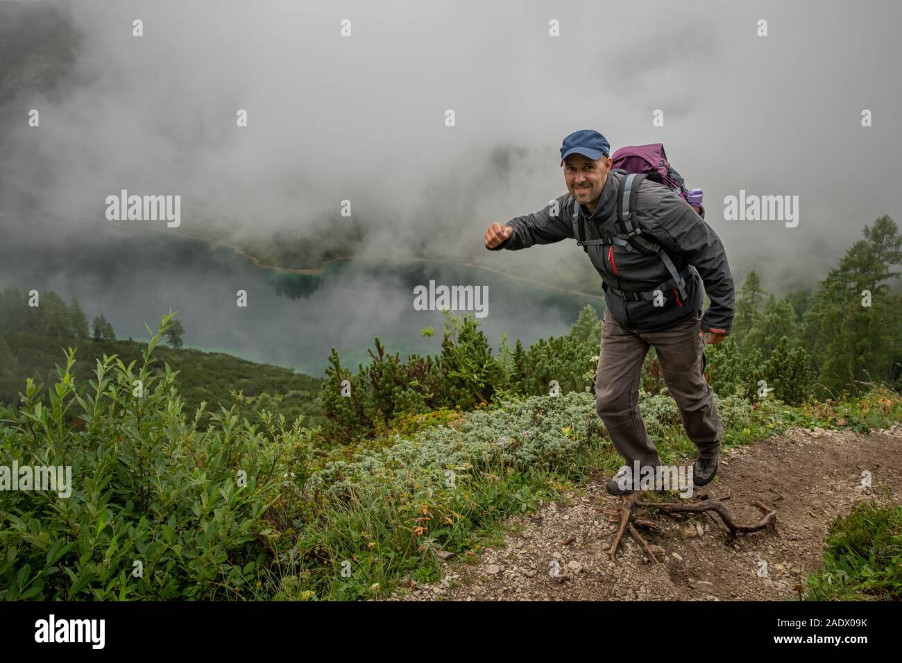 hikers in the austrian alps walk on mountain hiking trails in the woods ...