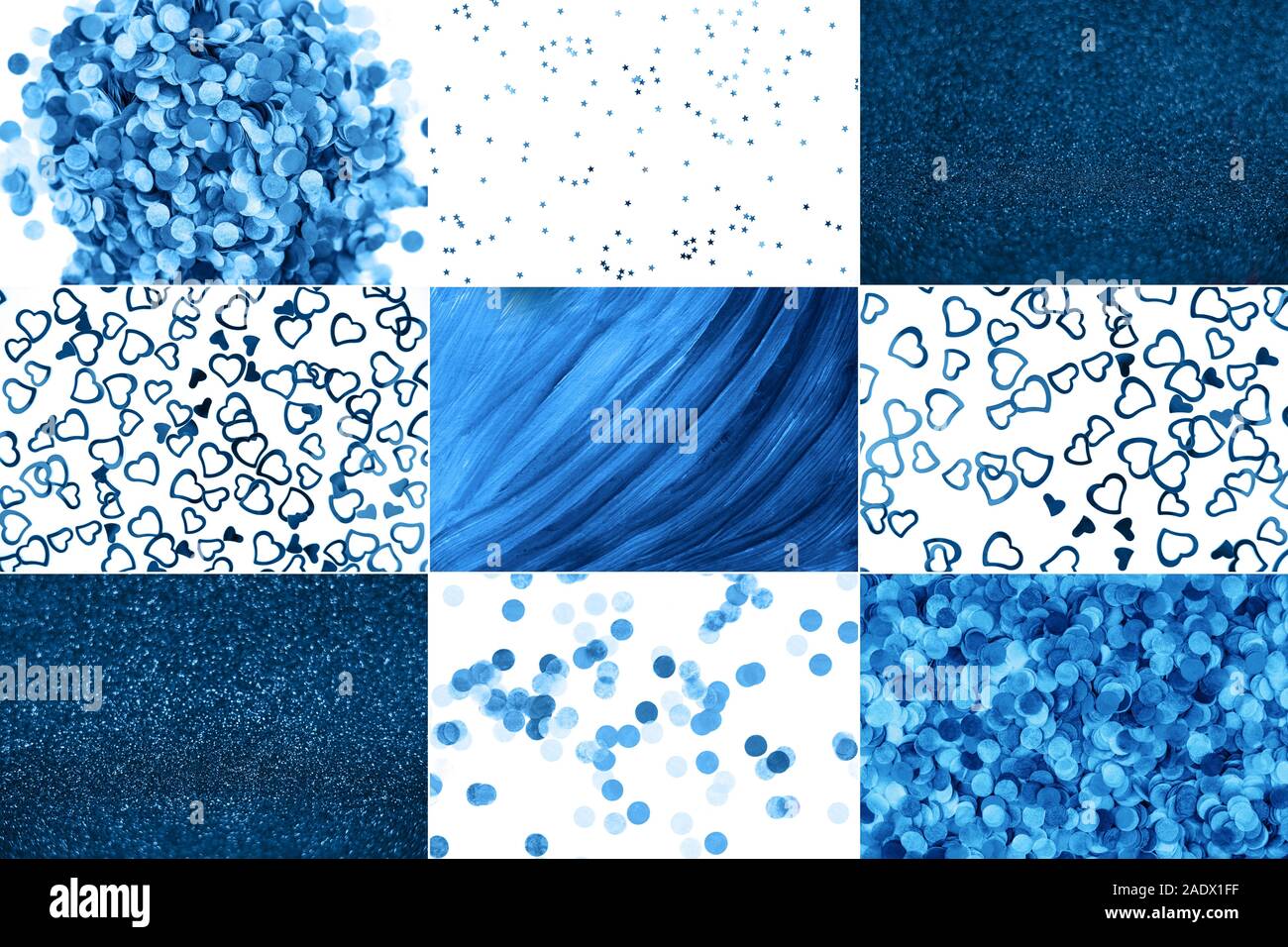 Collage made from festive pictures in modern blue color. Flat lay style ...