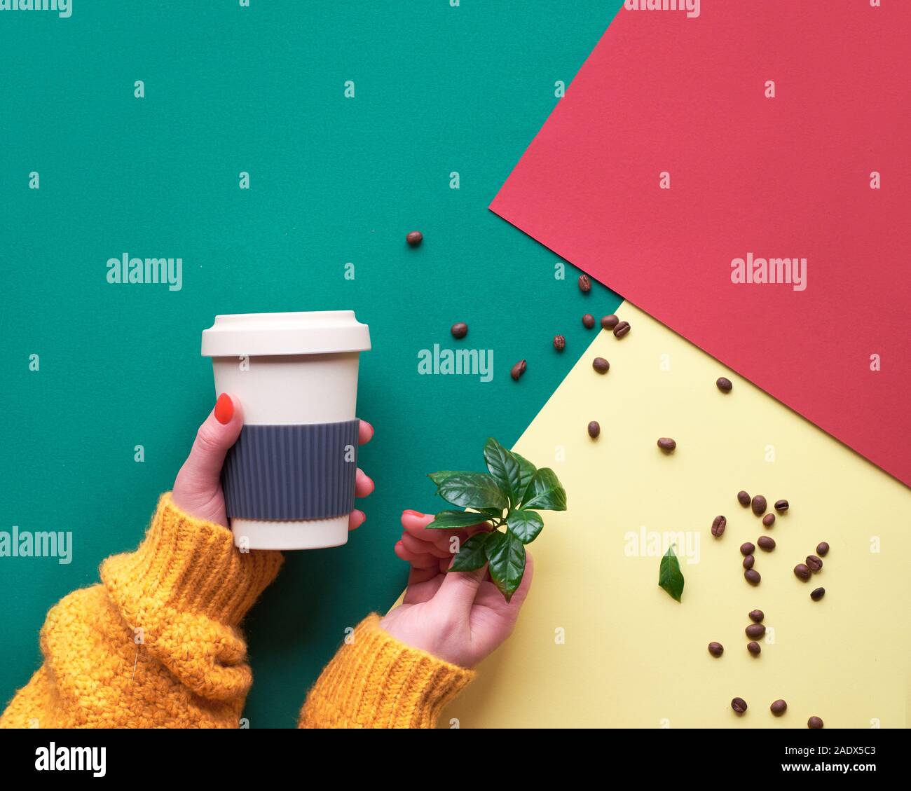 Zero waste coffee concept. Eco friendly reusable coffee cups, hands in ...