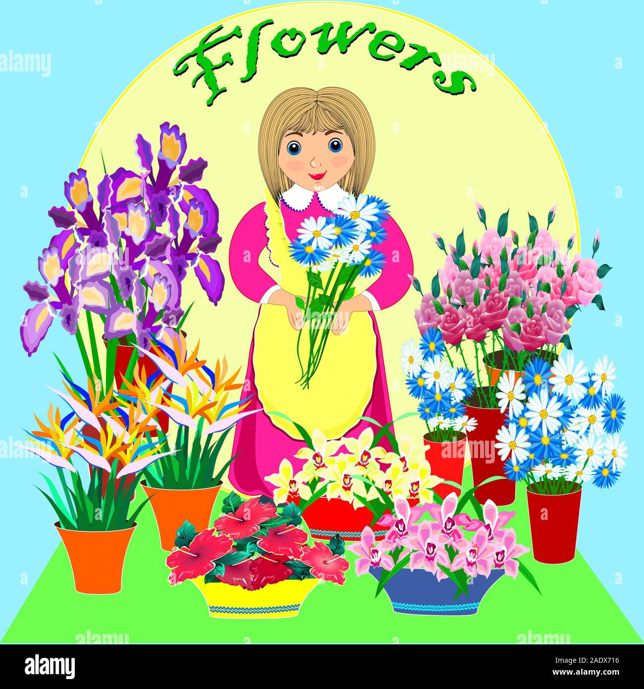 Flat drawing of a kiosk with flowers. Small business. Window with ...
