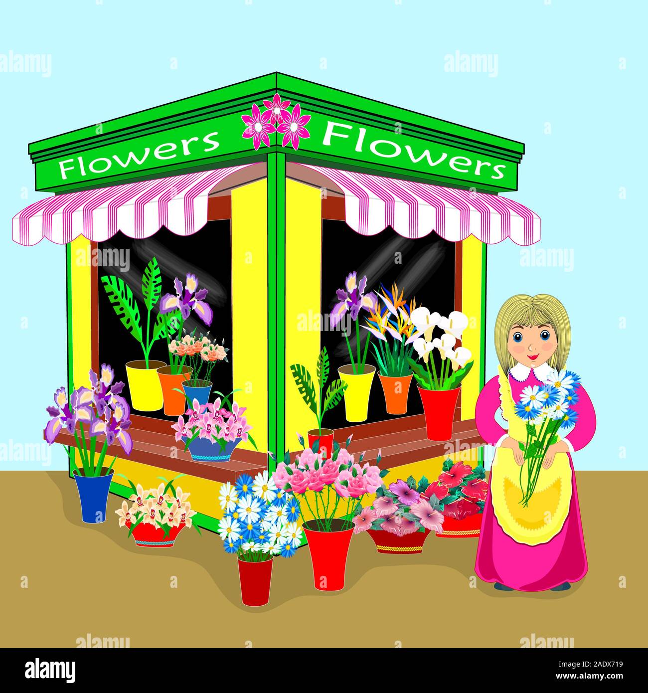 Flat drawing of a kiosk with flowers. Small business. Window with ...