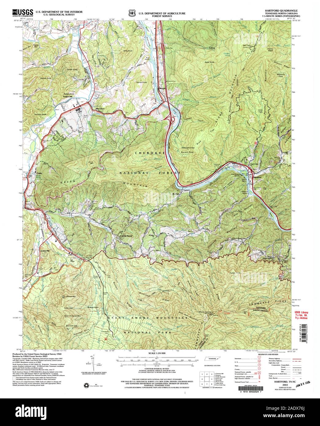 USGS TOPO Map Tennessee TN Hartford 143952 2003 24000 Restoration Stock ...